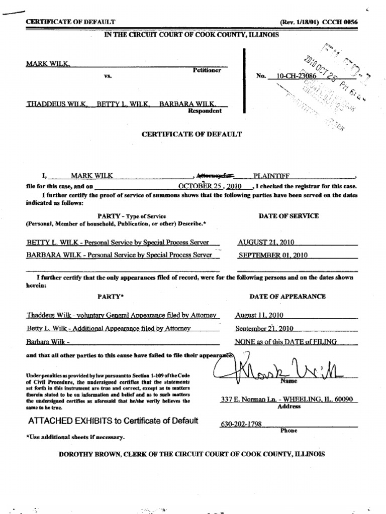 Certificate of Default Filed 10-25-10 Exhibits Master | PDF