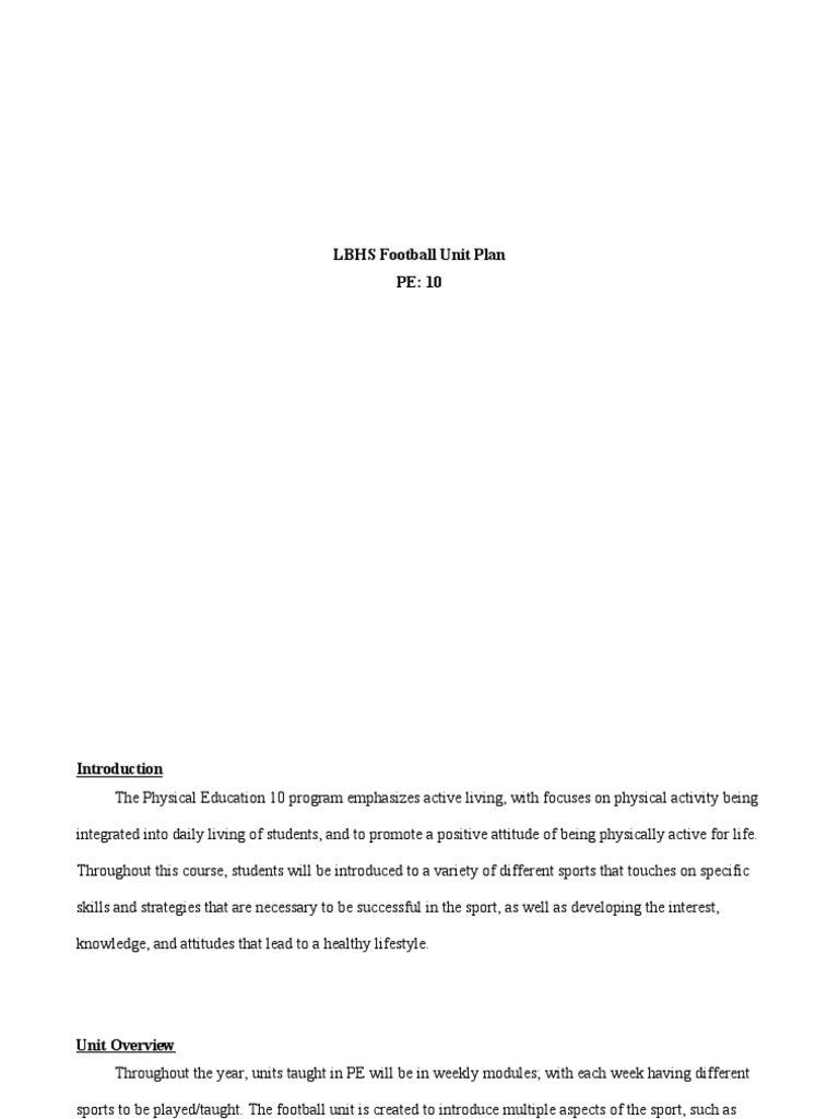 LBHS Football Unit Plan PE: 10 | PDF | Educational Assessment ...