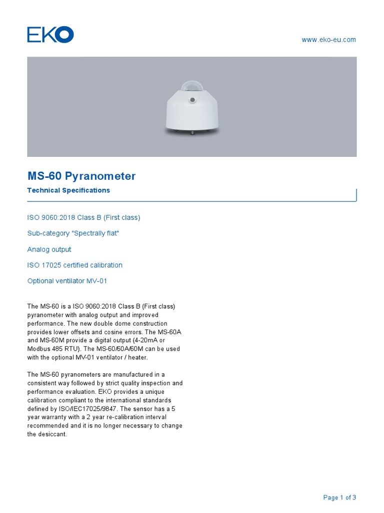 MS-60 Pyranometer: Technical Specifications | PDF | Electrical Engineering | Metrology