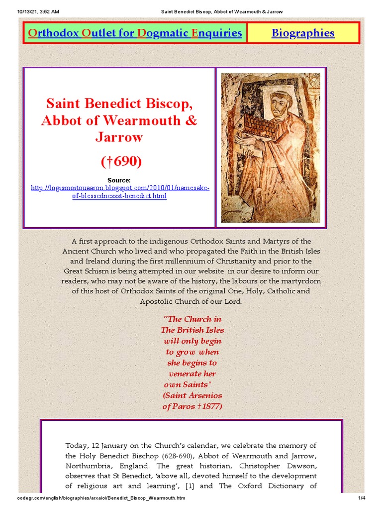 Saint Benedict Biscop: Abbot and Scholar | PDF | Saint | Bede