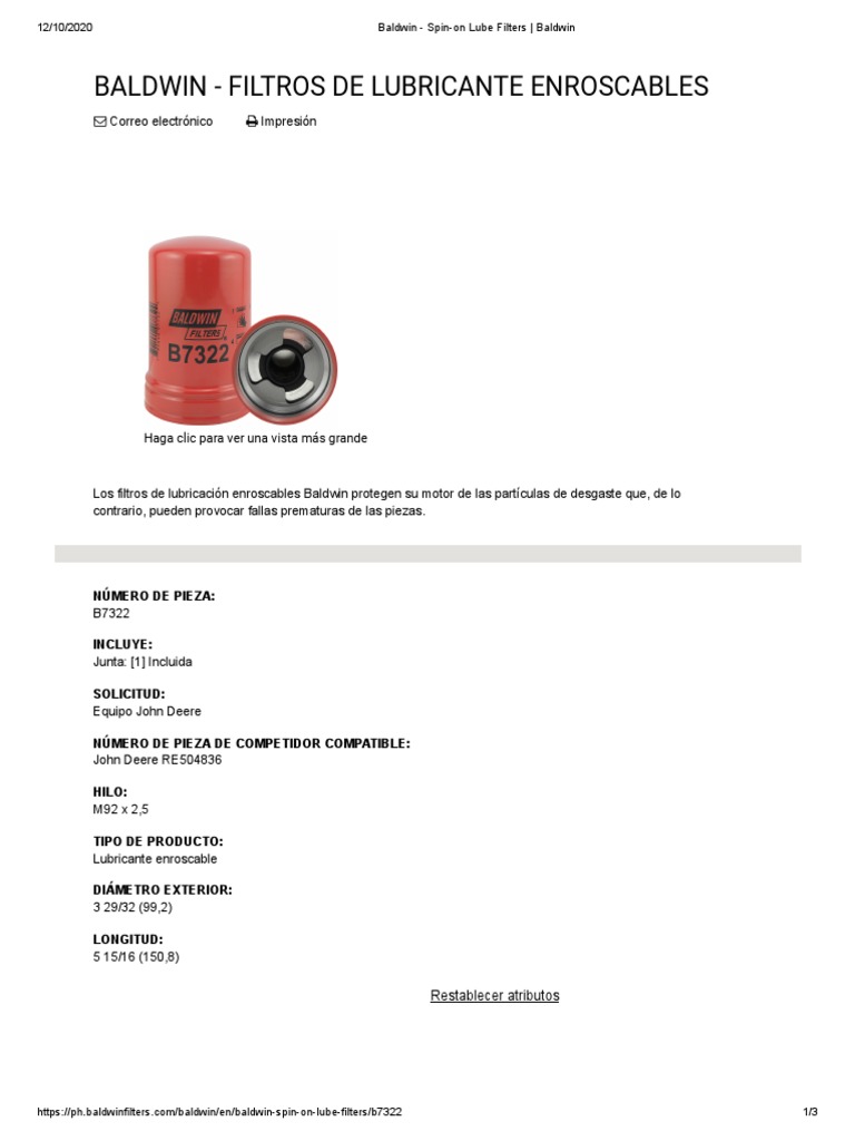 Baldwin - Spin-On Lube Filters - Baldwin B7322 | PDF | Lubricante ...