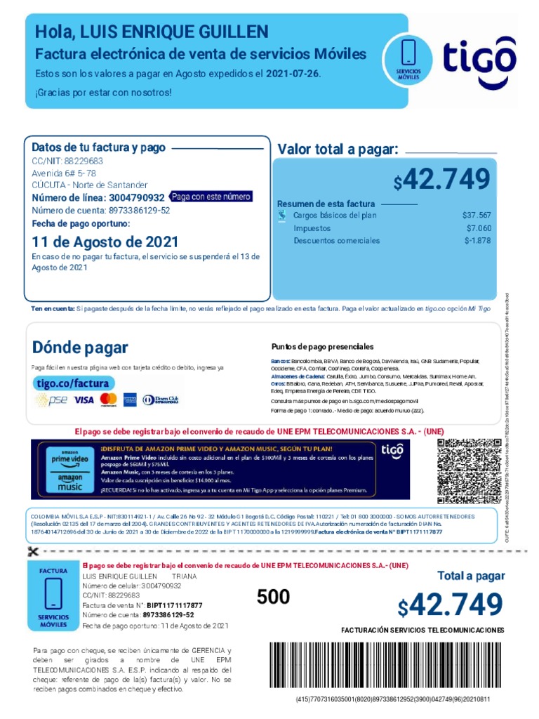 Factura Tigo Ago 3004790932 | PDF | Servicio de Mensajes Multimedia ...