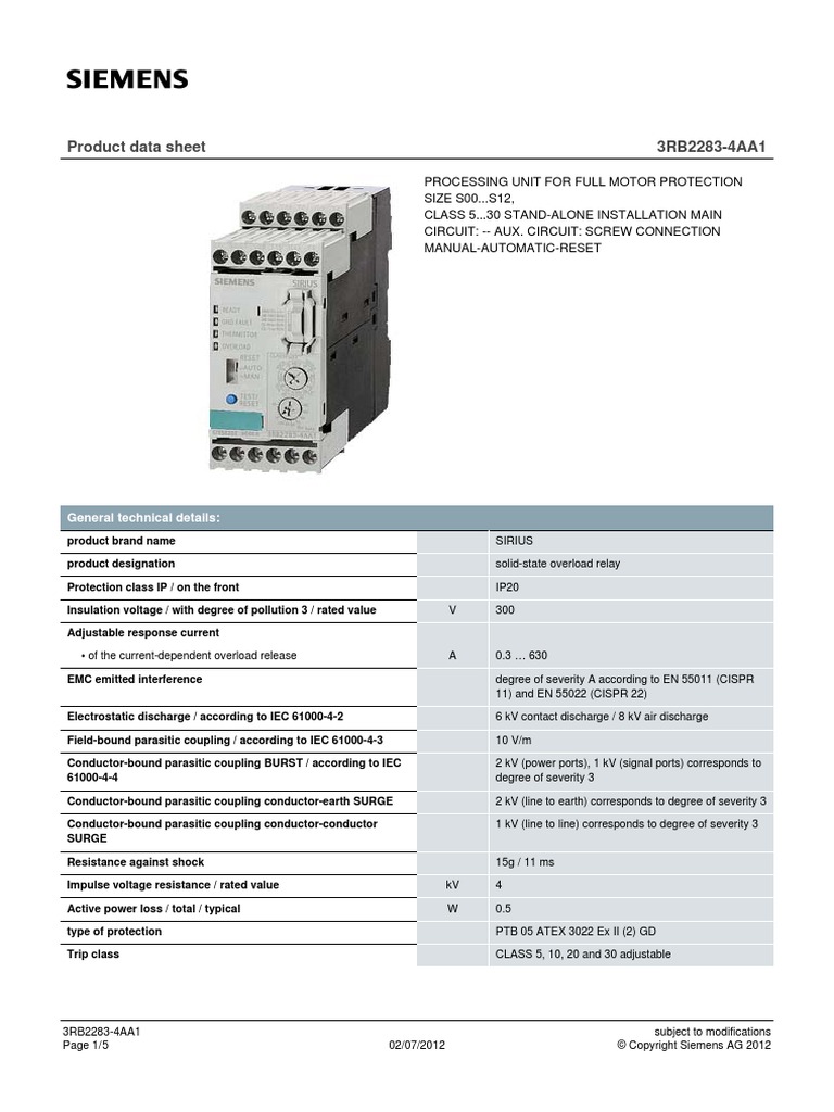 Product Data Sheet 3RB2283-4AA1 | PDF | Alternating Current ...