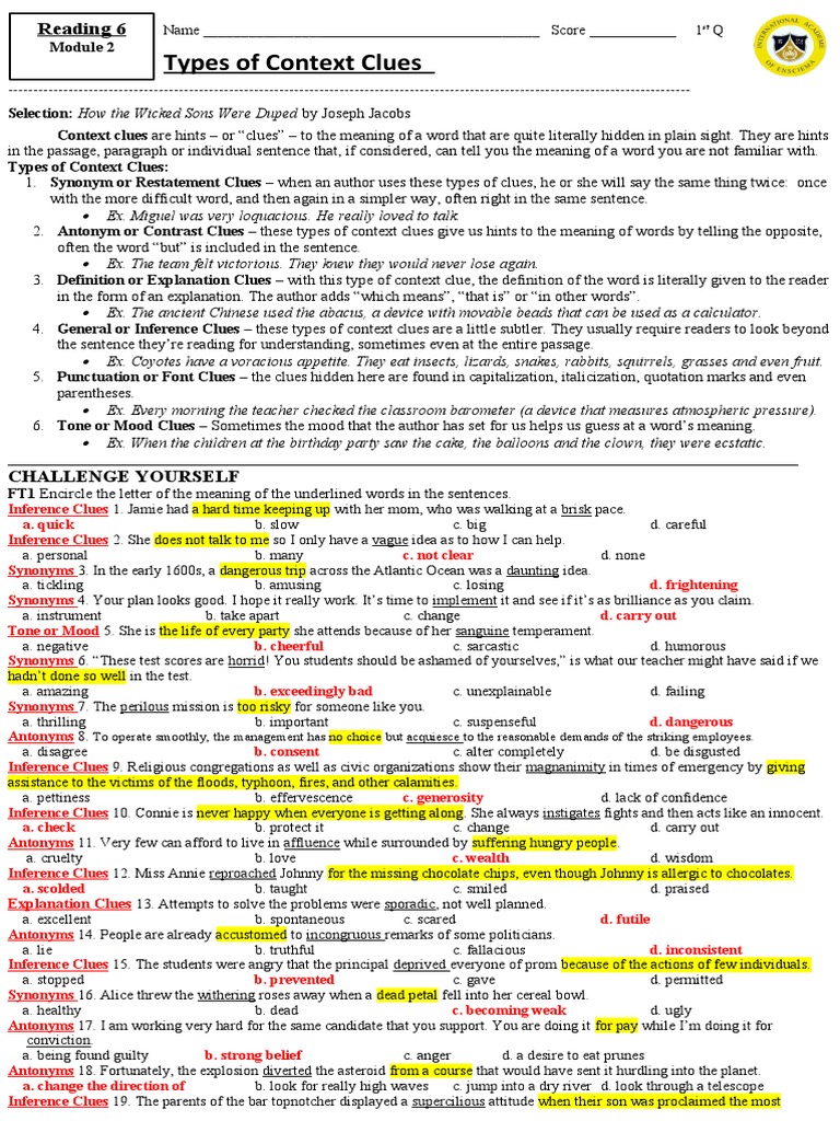 Reading 6 M2 Types of Context Clues | PDF | Language Arts & Discipline ...