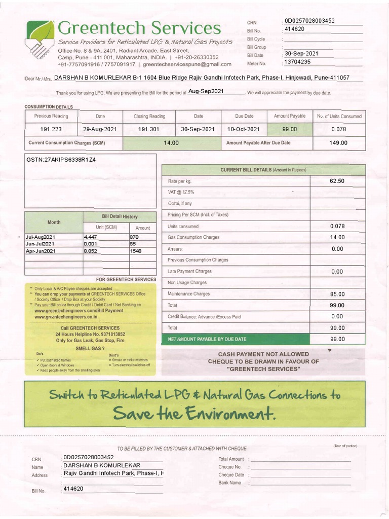 Greentech Services LPG bill for 0.078 SCM consumption | PDF | Cheque | Payments