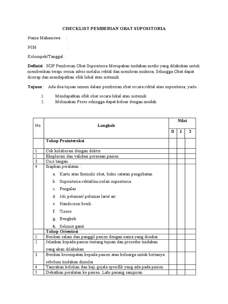 Checklist Pemberian Obat Supositoria-1 | PDF | Kesehatan Holistik
