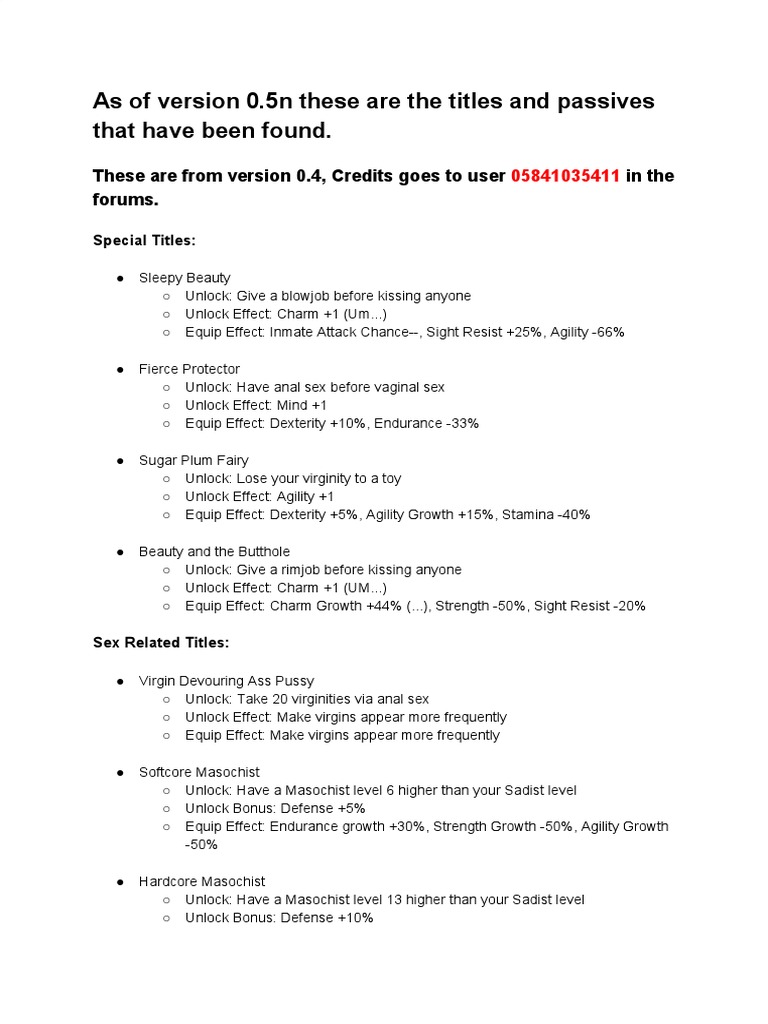 Karryn's Prison Titles and Passives. | PDF | Vagina | Clitoris