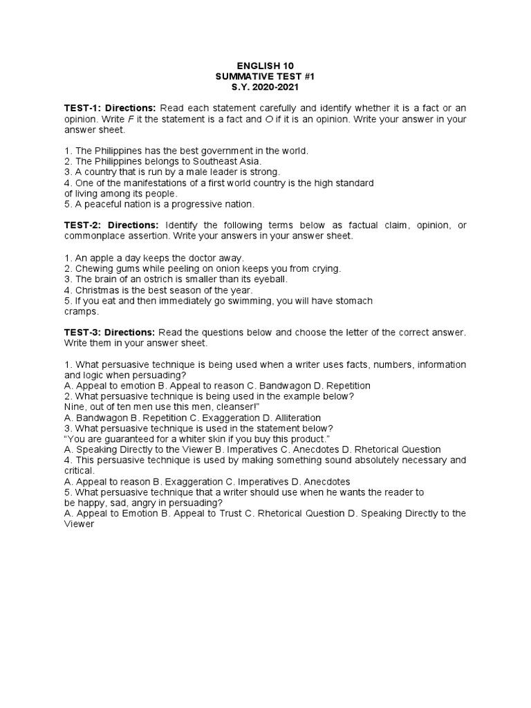 English 10-Summative Tests - Q1 | PDF | Nonverbal Communication ...