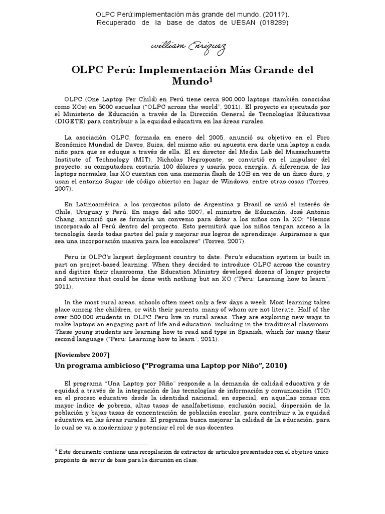 OLPC Perú: Implementación Más Grande Del Mundo: Un Programa Ambicioso ("Programa Una Laptop Por ...