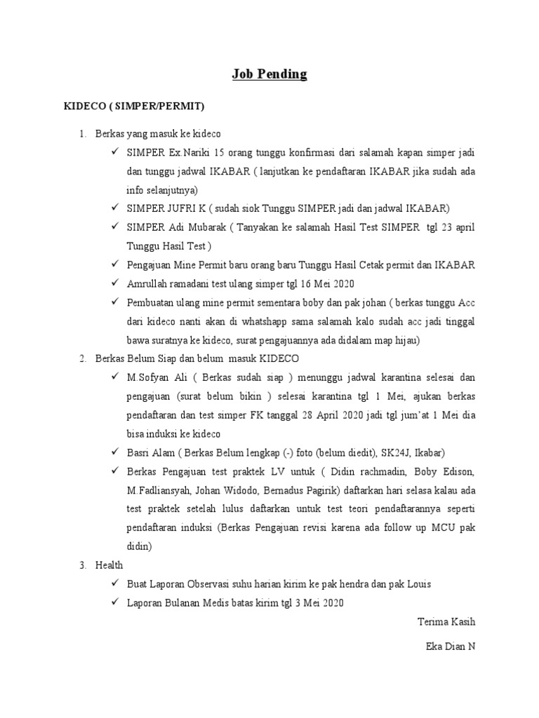 Contoh Job Pending Eka TGL 26 April - 9 Mei 2020 | PDF