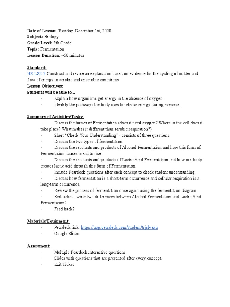Fermentation Lesson Plan 1 | PDF | Fermentation | Cellular Respiration