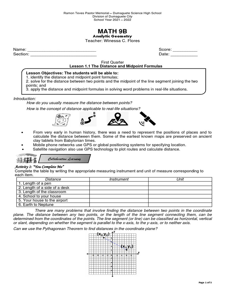 Q1 - W1-2 - Distance and Midpoint Formula | PDF | Triangle | Distance