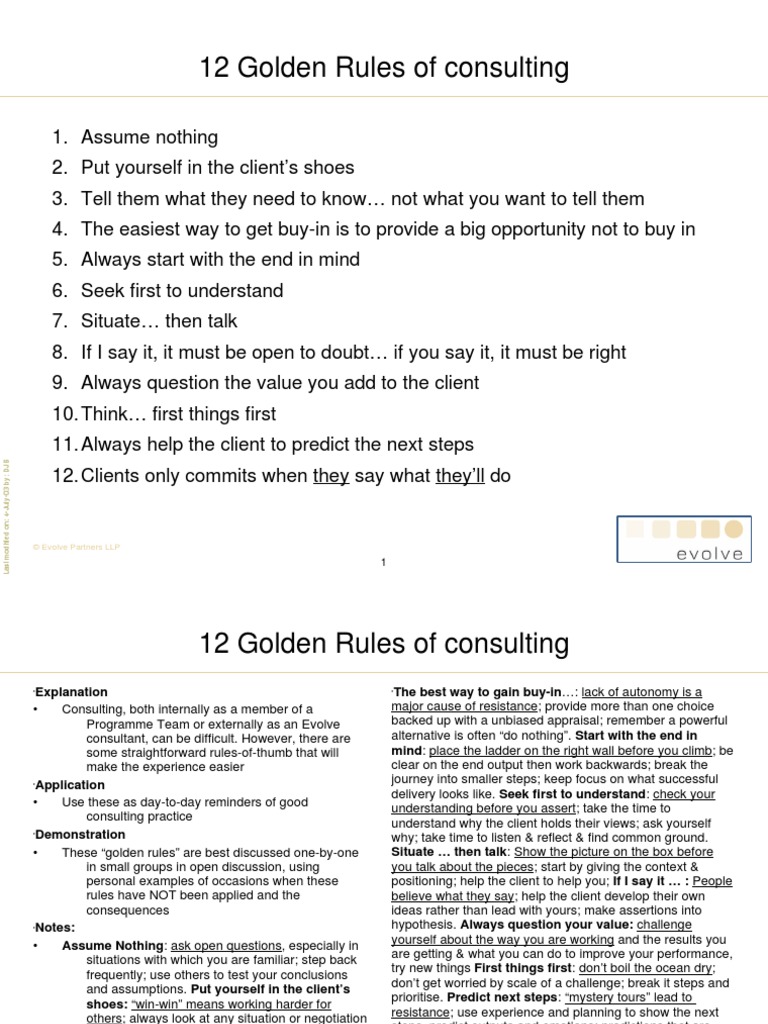 12 Golden Rules of Consulting | PDF | Negotiation | Emergence