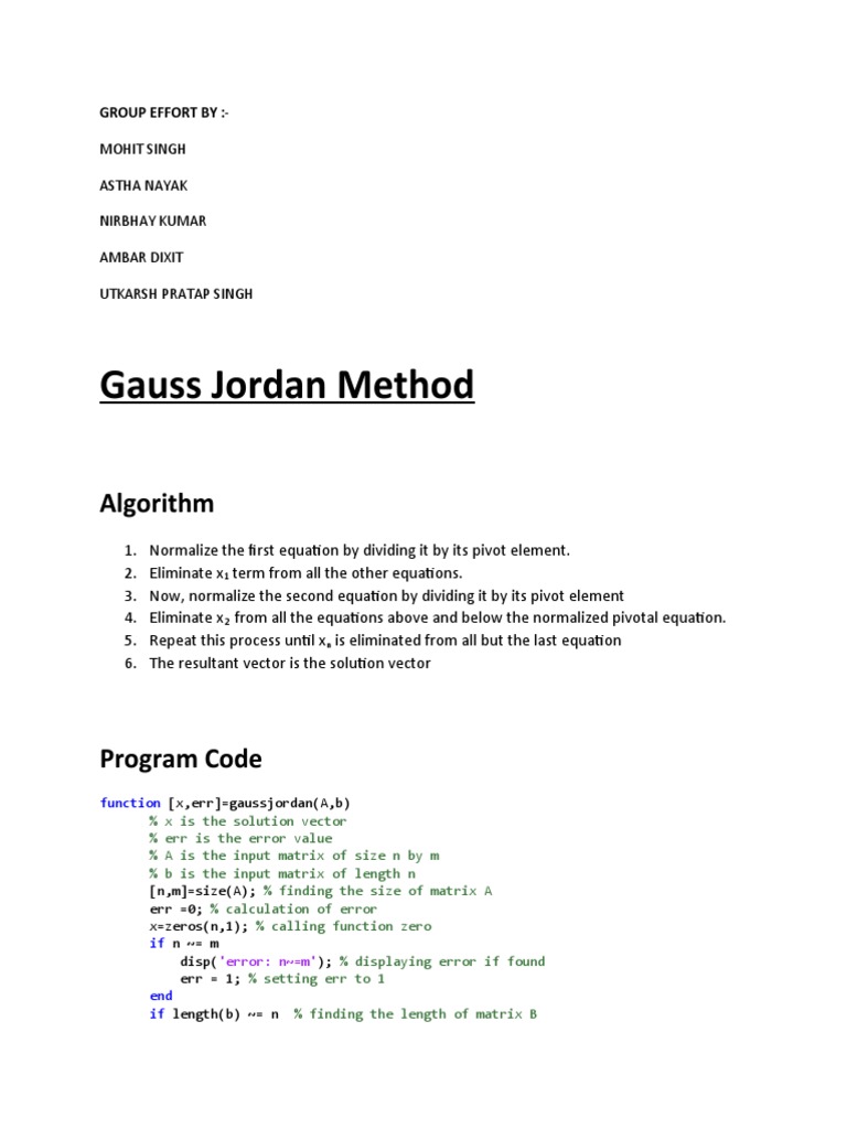 Gauss Jordan Algorithm And Matlab Program Pdf Matrix Mathematics Computer Programming