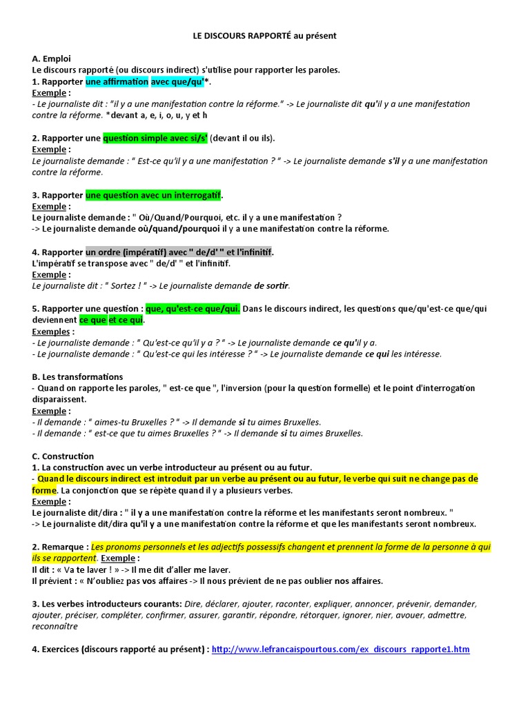 LE DISCOURS RAPPORTÉ Au Présent | PDF | Question | Verbe