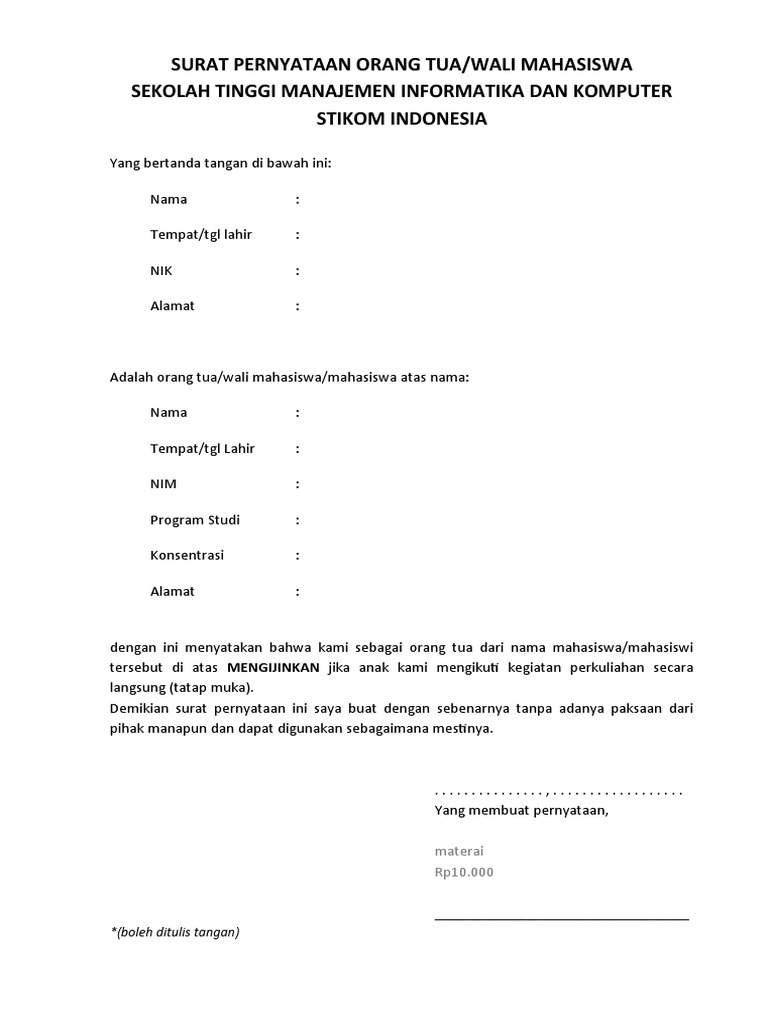 Surat Ijin Ortu Kuliah Tatap Muka | PDF