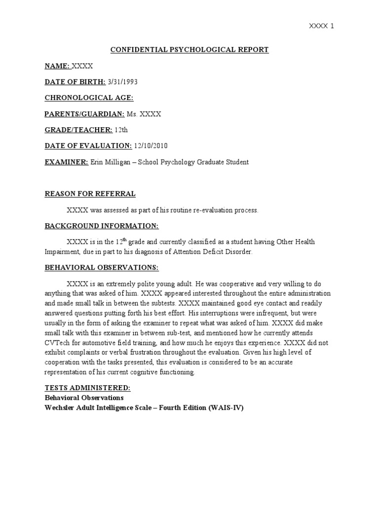 Confidential Psychological Report-Mitchell | PDF | Wechsler Adult Intelligence Scale ...