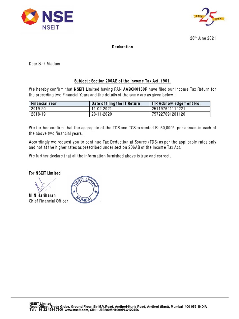 NSEIT Declaration For Sec 206AB | PDF