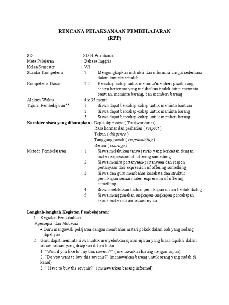 RPP Bing Kelas 5 SD Speaking | PDF