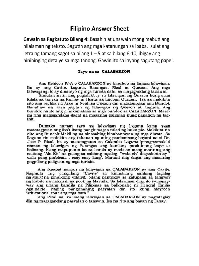 Filipino Answer Sheet Q1 W.3&4 | PDF