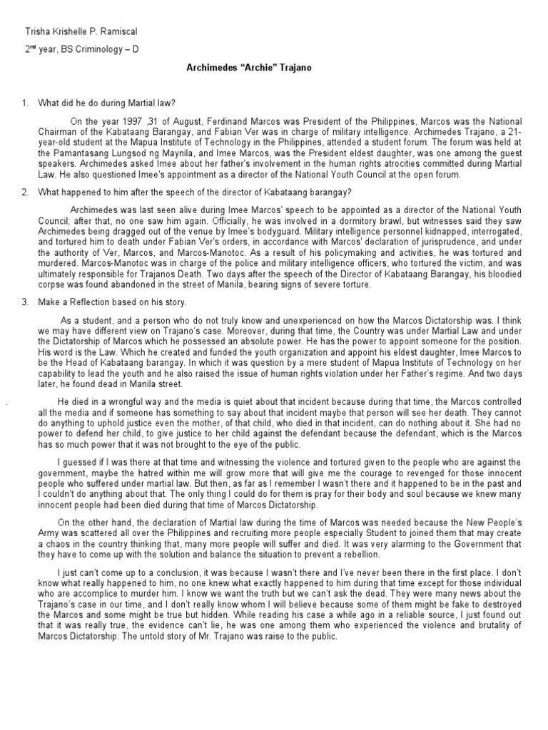 Archimedes Trajano: Martyr of Martial Law | PDF | Applied Ethics | Crime & Violence