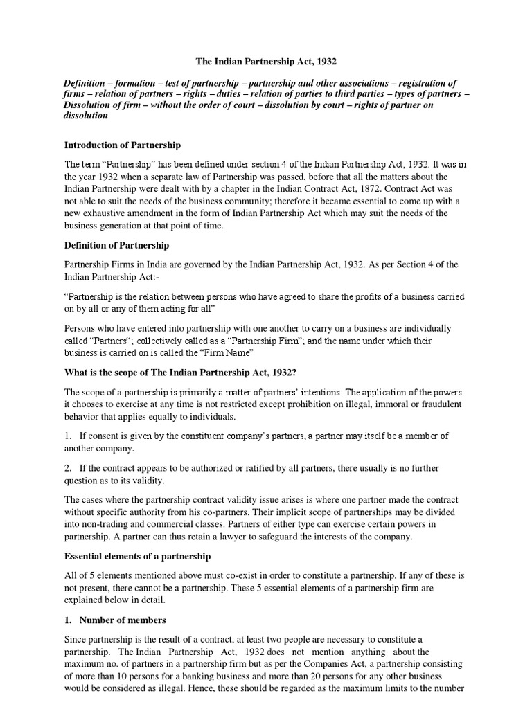 The Indian Partnership Act 1932 Notes Pdf Partnership Liquidation