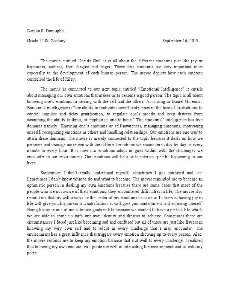 Inside Out Reflection | PDF | Emotions | Contentment