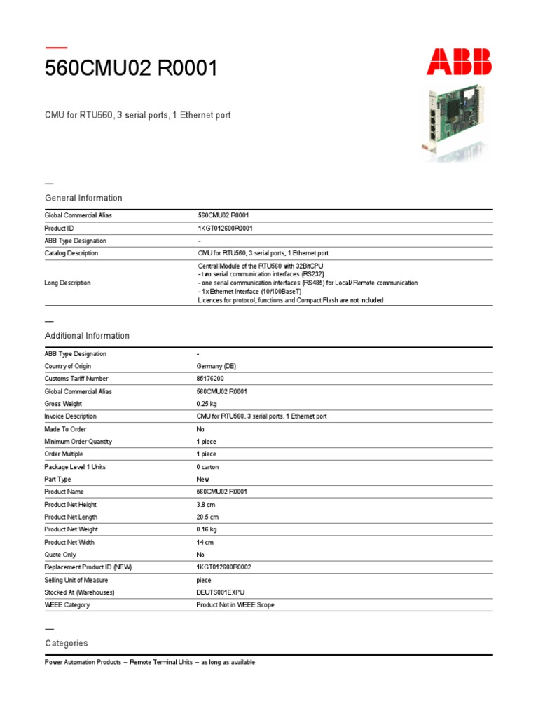 560CMU02 R0001: CMU For RTU560, 3 Serial Ports, 1 Ethernet Port | PDF
