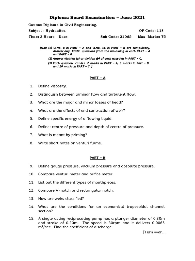 Diploma Board Examination - June 2021 | PDF | Pressure | Pump