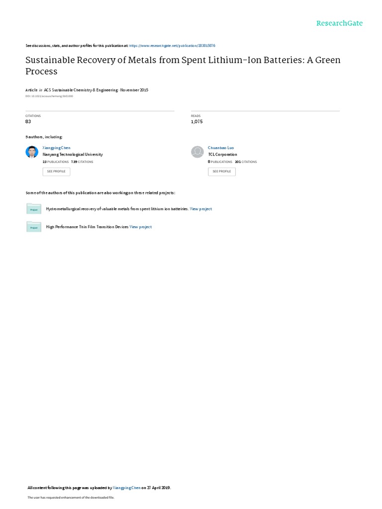 Sustainable Recovery of Metals From Spent Lithium-Ion Batteries - A ...