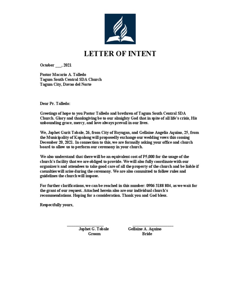 Letter of Intent Church Wedding | PDF