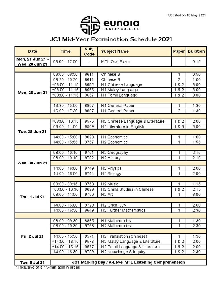 2021 JC1 MYE Schedule (Revised) | PDF | Singapore | World Politics