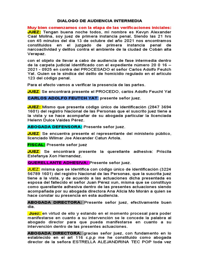 Dialogo de Audiencia Intermedia Grupo 17 Final | PDF | Derecho penal | Ley procesal