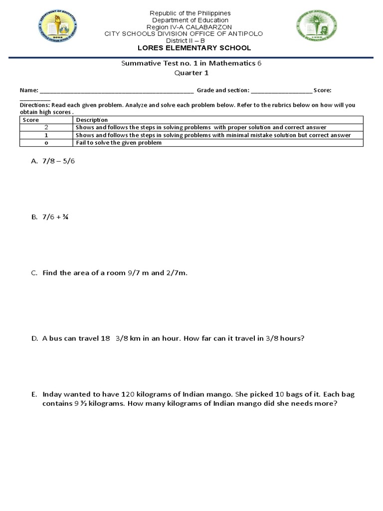 Summative Test No.1 Quarter 1 | PDF | Multiplication | Learning