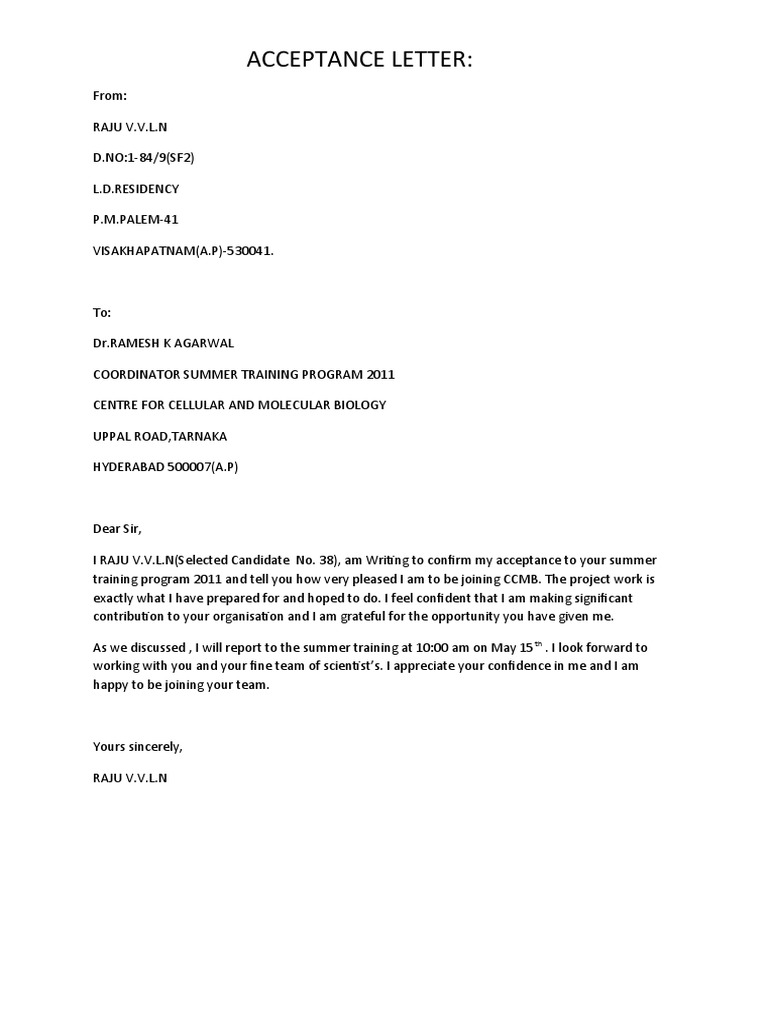 Summer Training Program Acceptance Letter | PDF