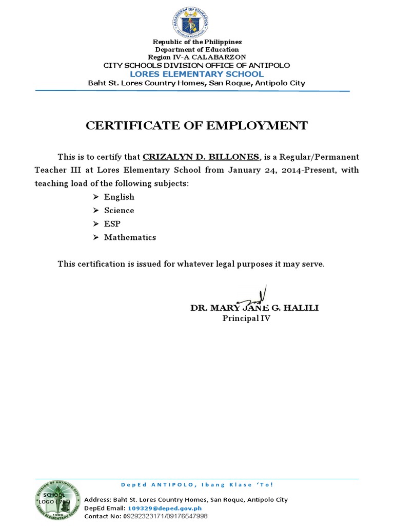 Certificate of Employment: Lores Elementary School | PDF