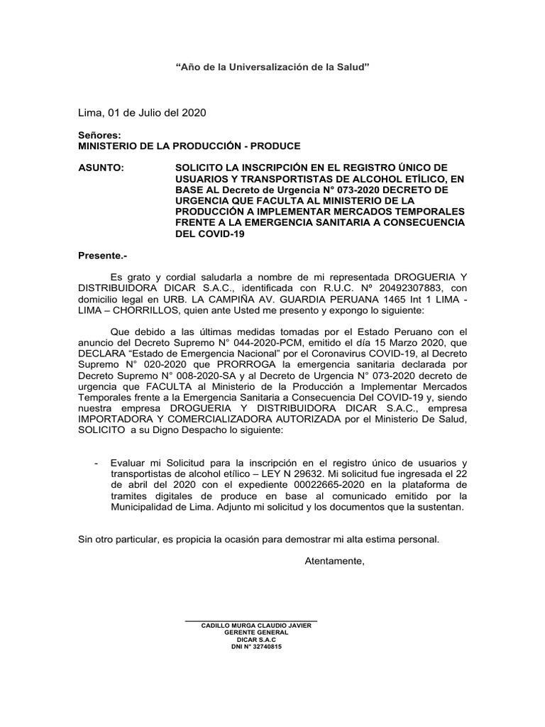Microsoft Word - Carta Solicitud de Alcohol | PDF