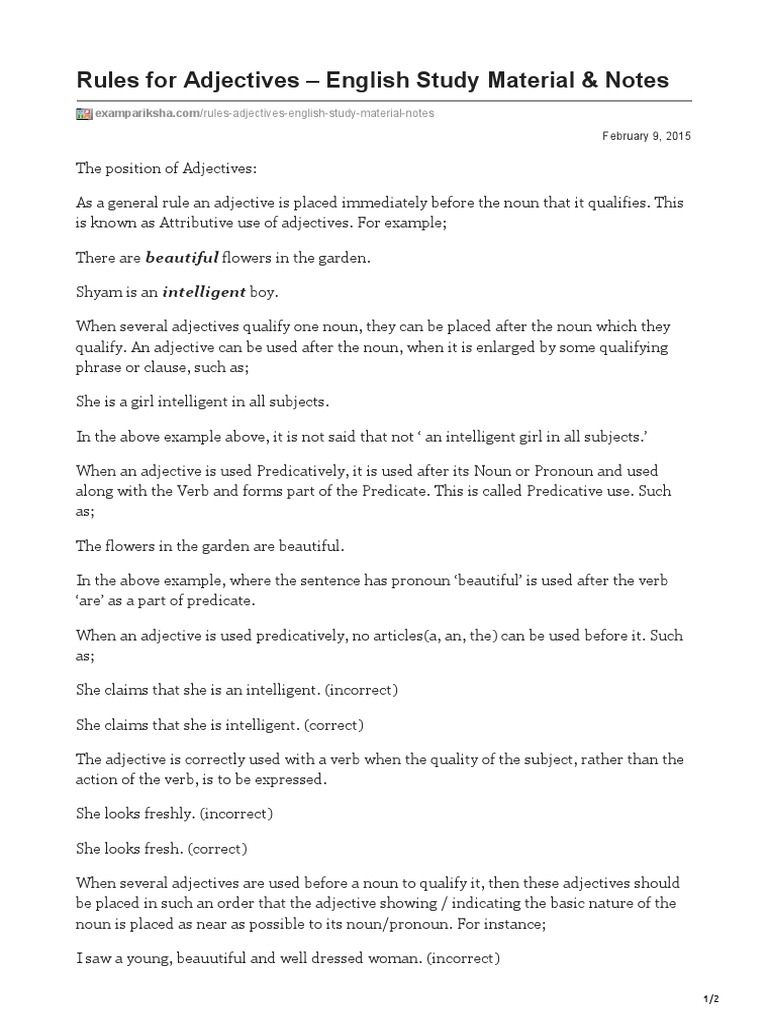 Rules For Adjectives English Study Material Amp Notes | PDF | Adjective ...