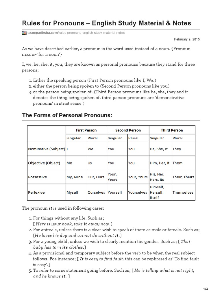 Rules For Pronouns English Study Material Amp Notes | PDF | Pronoun ...