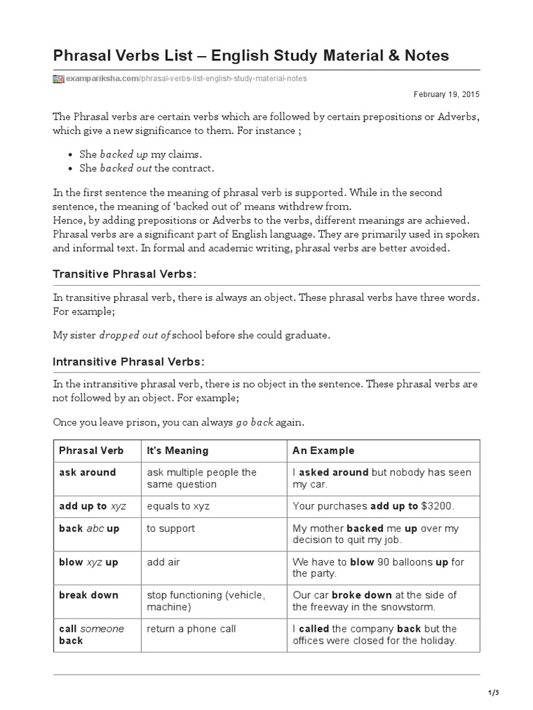 Phrasal Verbs List English Study Material Amp Notes | PDF | Verb | Phrase