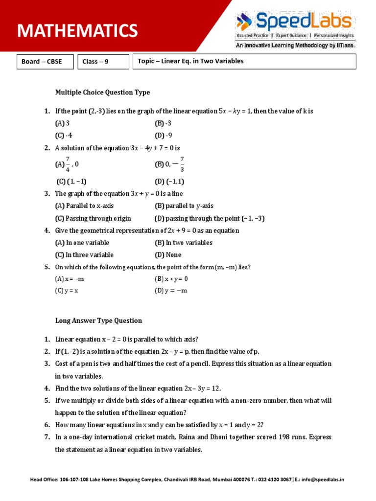 Simultaneous Equations in 2 Variables Important Qs Important Questions ...