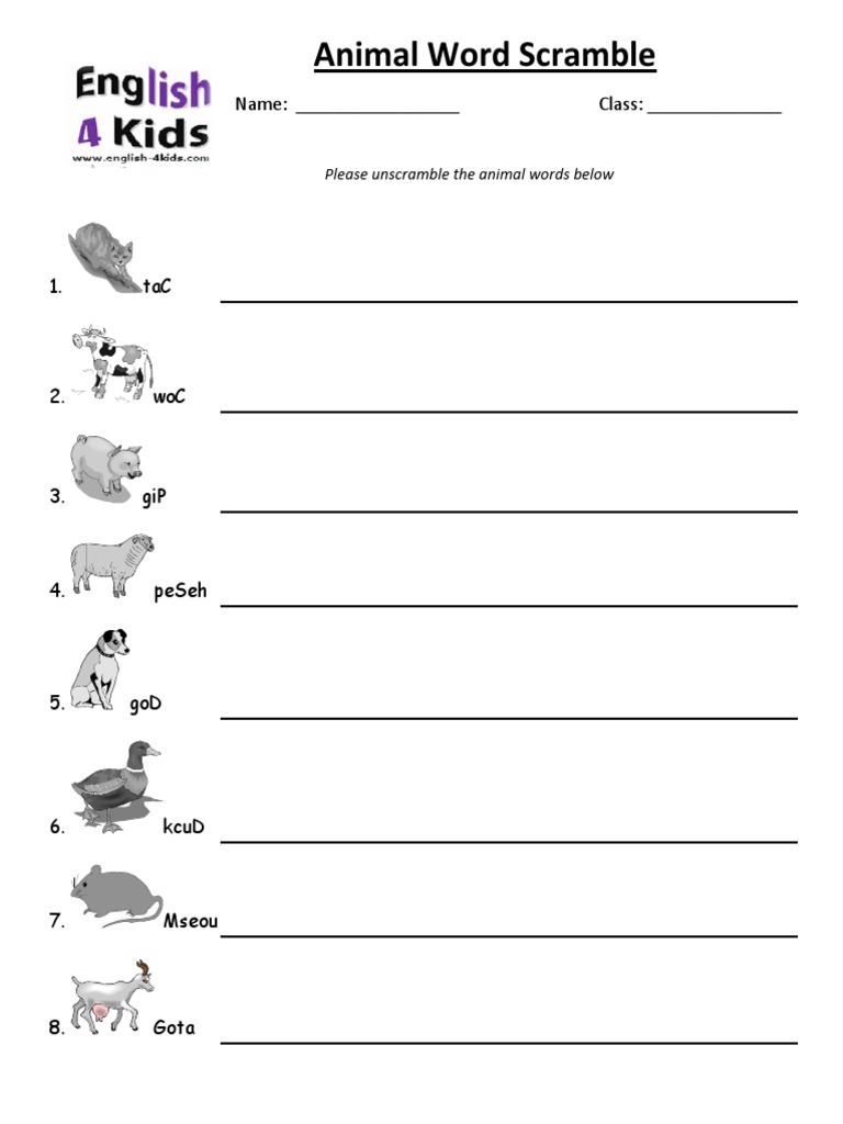 Animal Word Scramble: Name: - Class | PDF