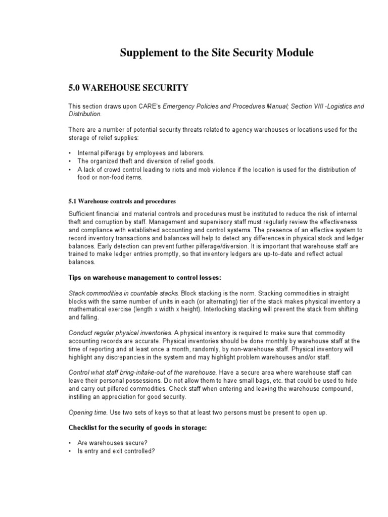 Supplement To The Site Security | PDF | Inventory | Warehouse