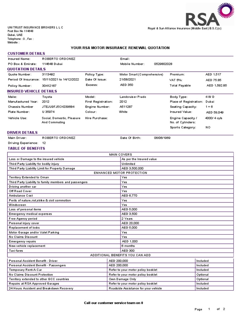 Your Rsa Motor Insurance Renewal Quotation: Customer Details | PDF ...