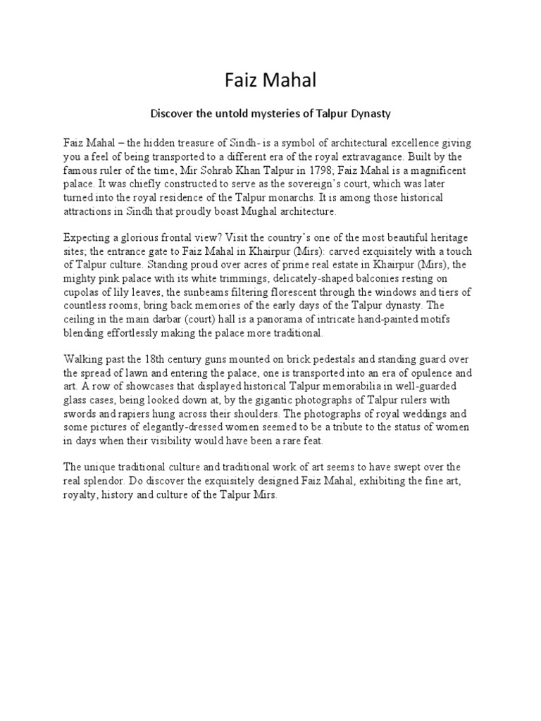 Faiz Mahal: Discover The Untold Mysteries of Talpur Dynasty | PDF