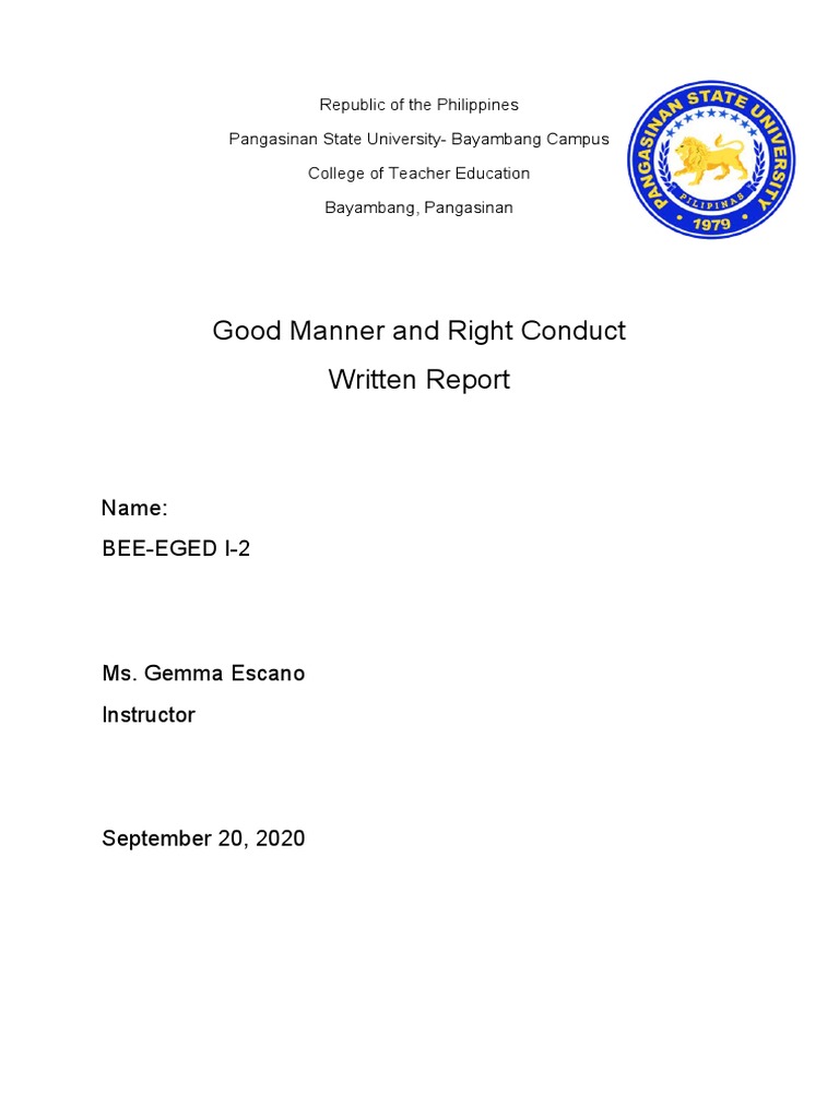 Good Manner and Right Conduct Written Report: Name: Bee-Eged I-2 | PDF ...