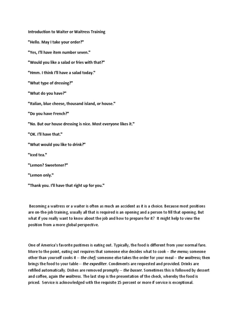 Introduction To Waiter or Waitress Training | PDF | Waiting Staff | Menu