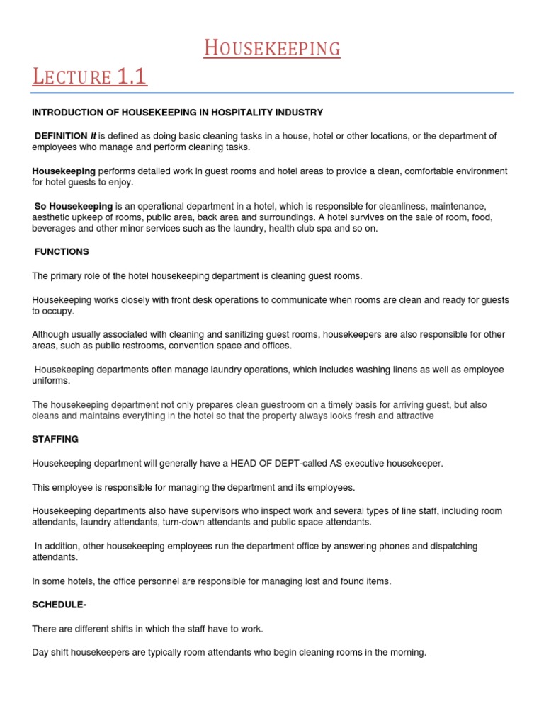 Ousekeeping Ecture: Introduction of Housekeeping in Hospitality ...