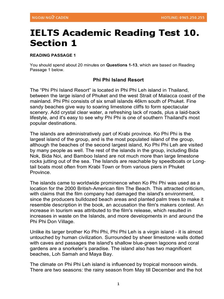 IELTS Academic Reading Test 10. Section 1: Ngo I NG Caden HOTLINE: 0965 ...
