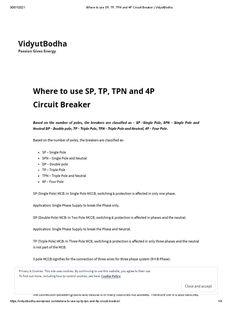 Where To Use SP, TP, TPN and 4P Circuit Breaker - VidyutBodha | PDF ...